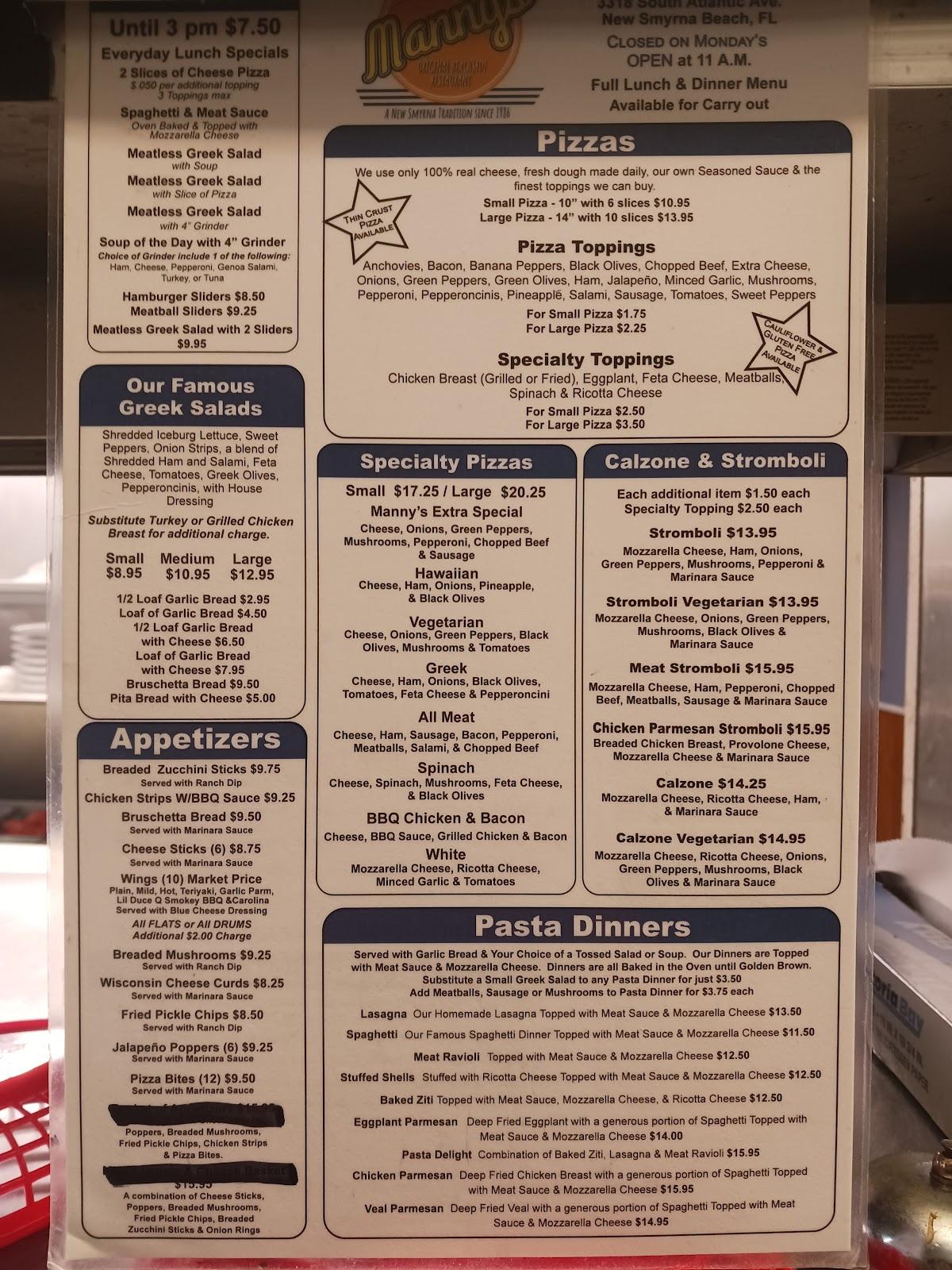 Menu at Manny's Pizza Beachside pizzeria, New Smyrna Beach