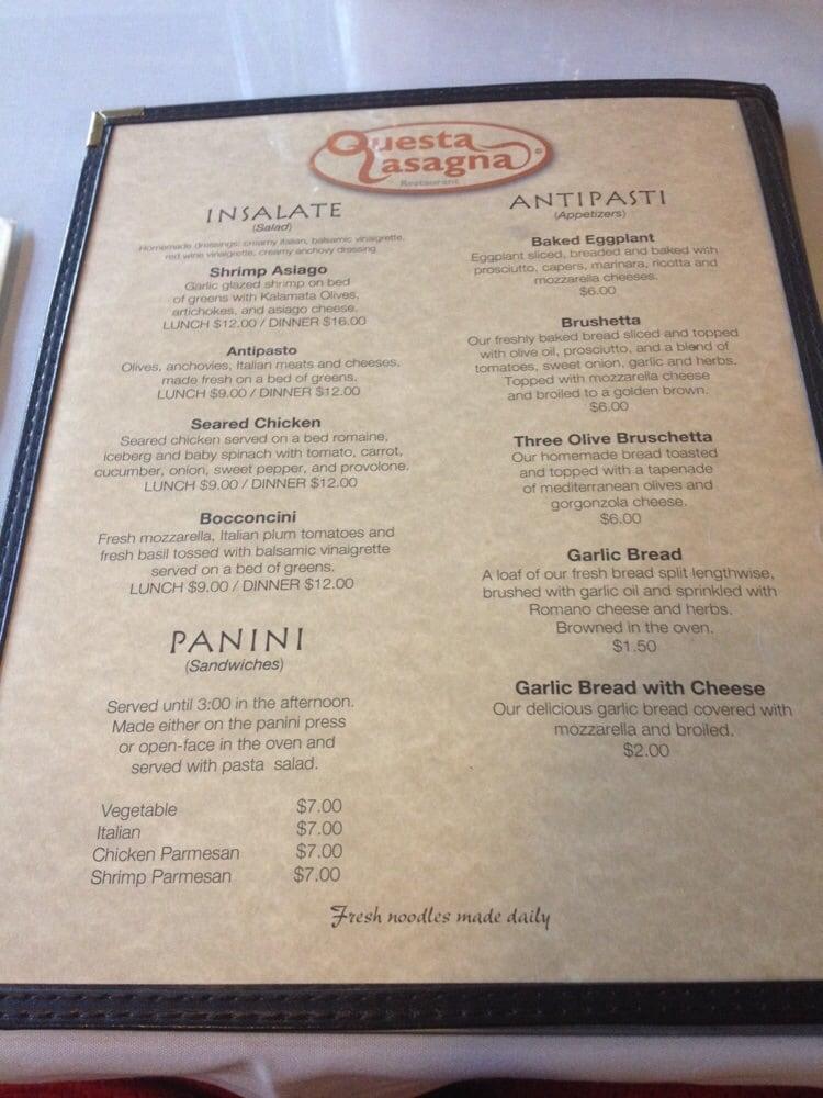 Menu at Questa Lasagna restaurant, Mount Morris