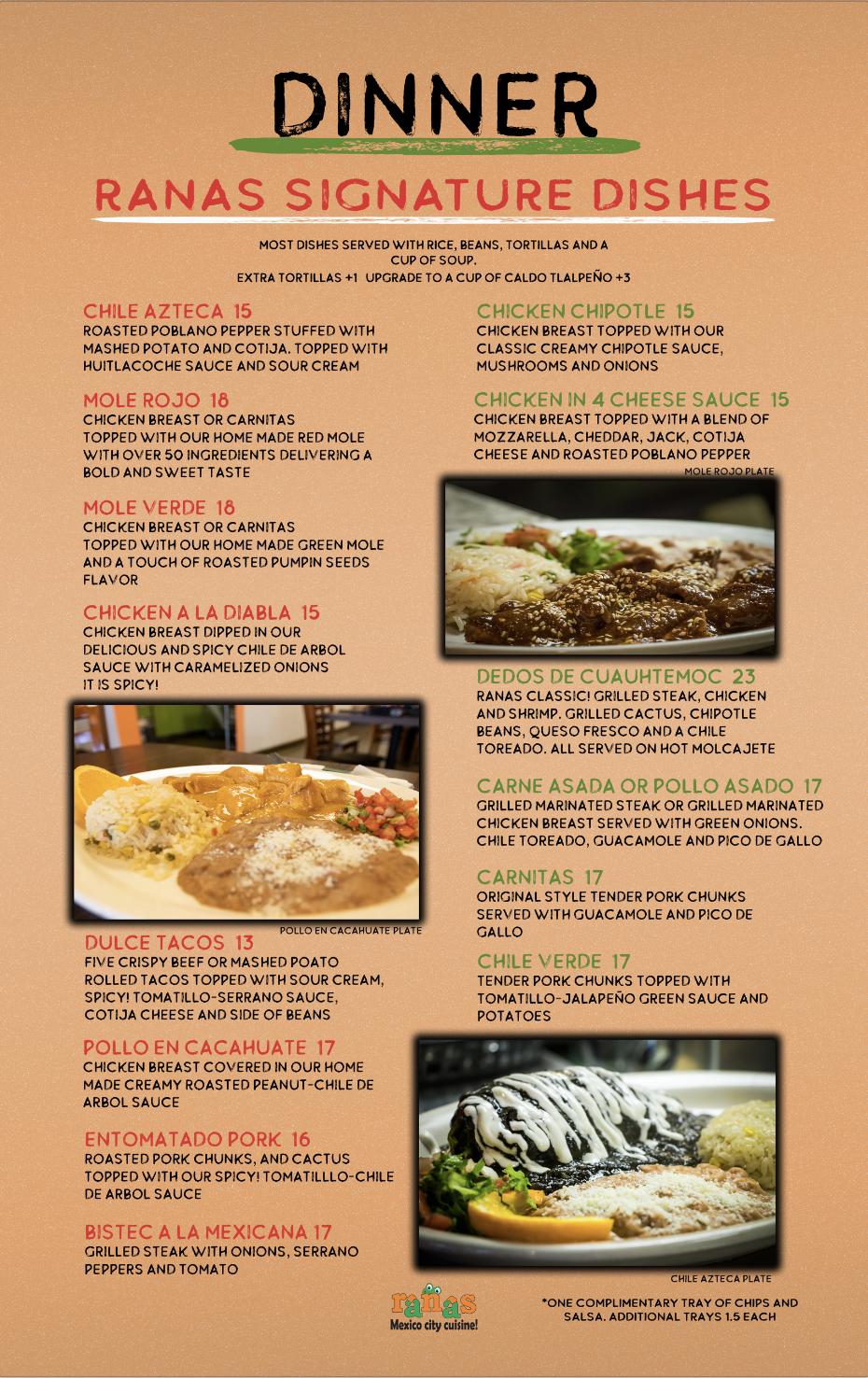 Menu at Ranas restaurant, Spring Valley