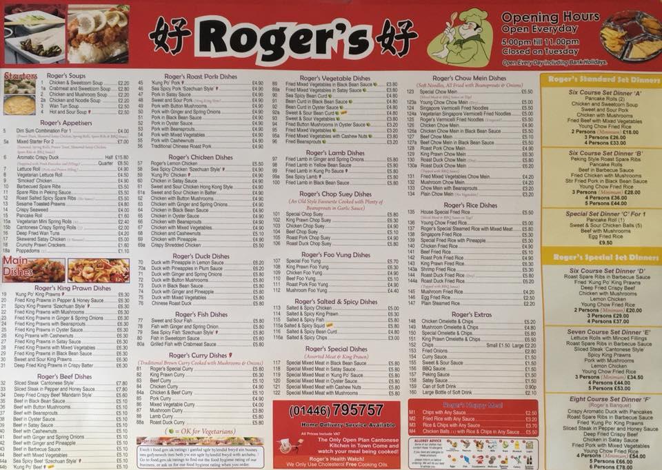 Menu at Rogers Take Away fast food, Llantwit Major