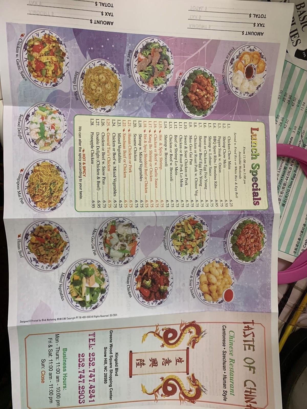Menu at Taste of China restaurant, Snow Hill, 104 Greenwood Square