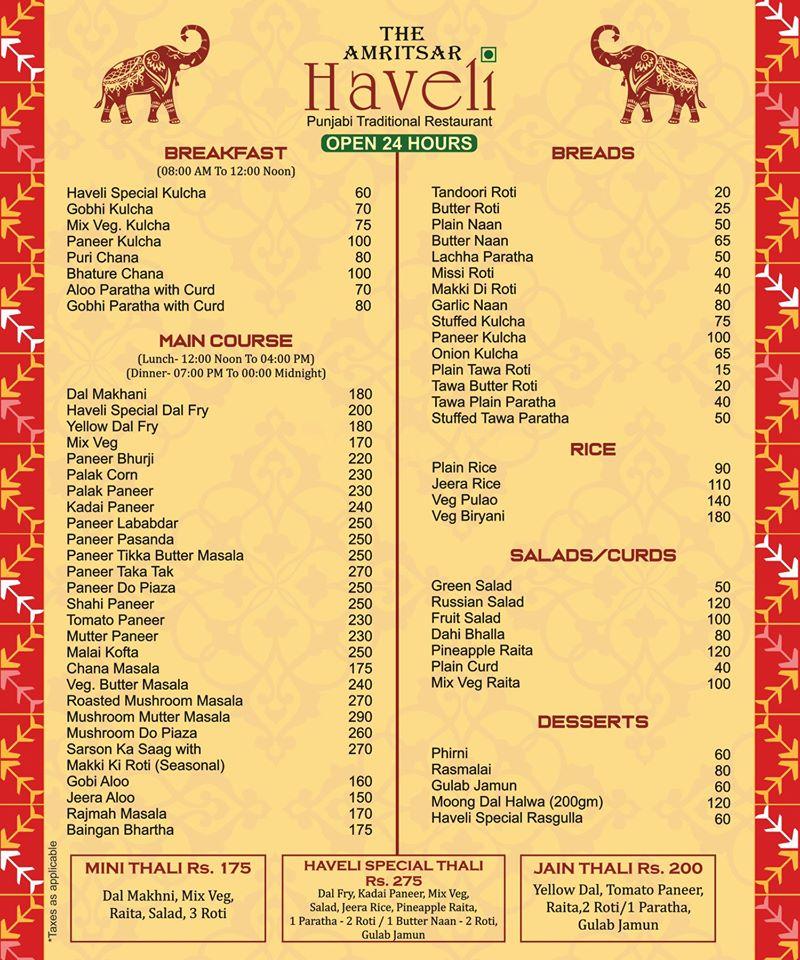 Menu at The Amritsar Haveli, Amritsar, Near