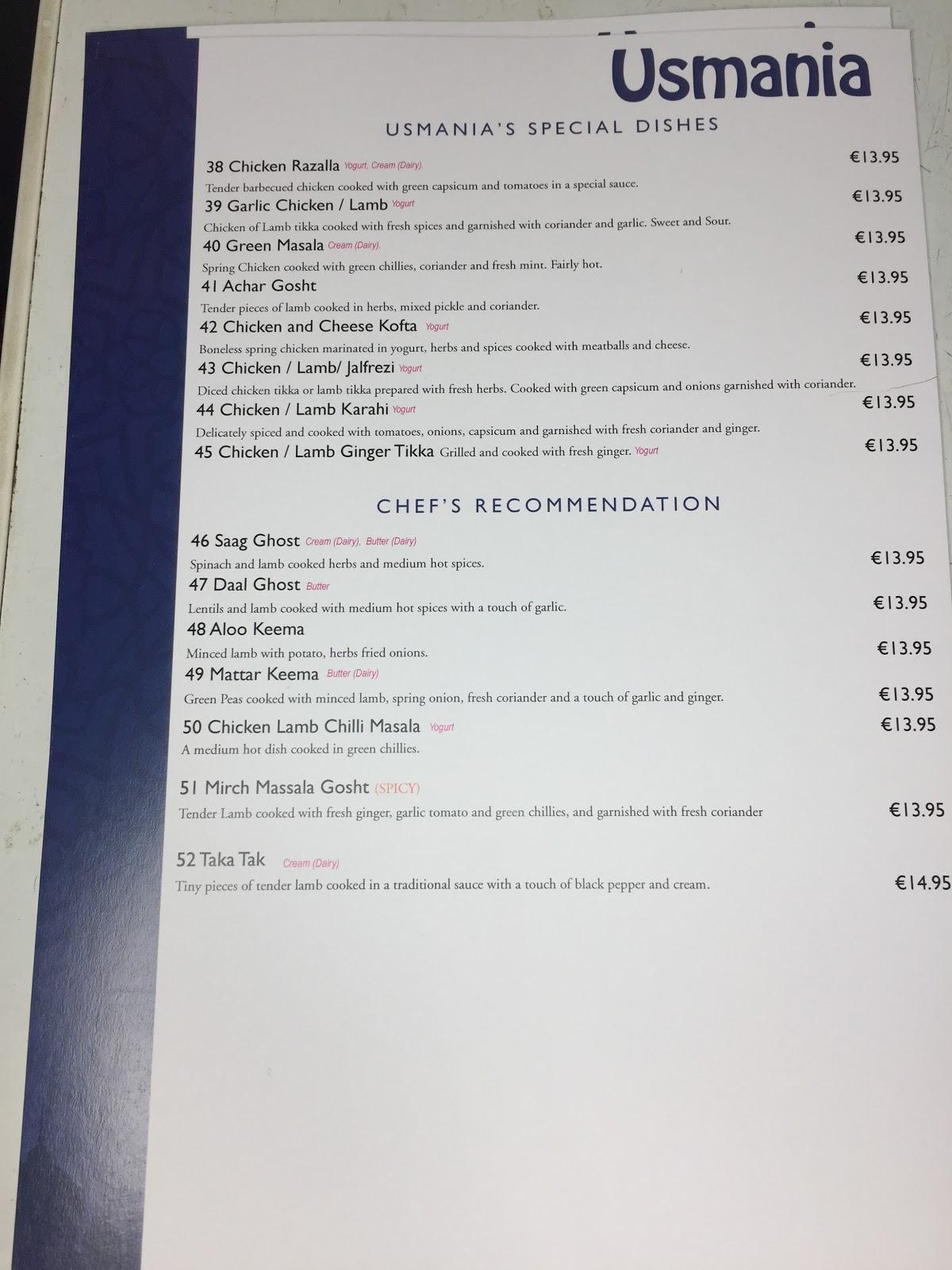 Menu at Usmania Indian Restaurant, Killarney