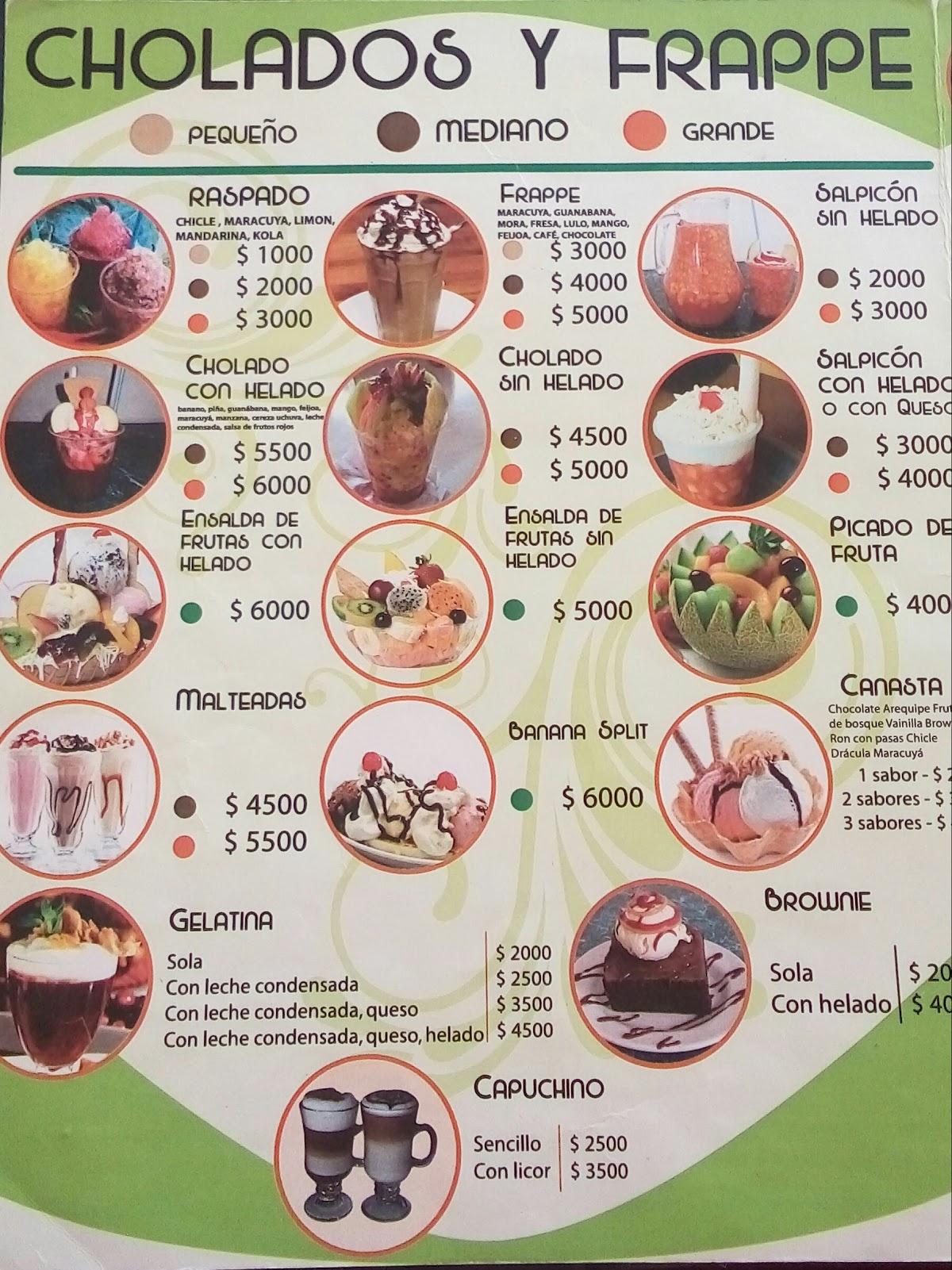 Menu at FRUTERÍA Y HELADERIA CHOLADOS Y FRAPPE, Moniquirá