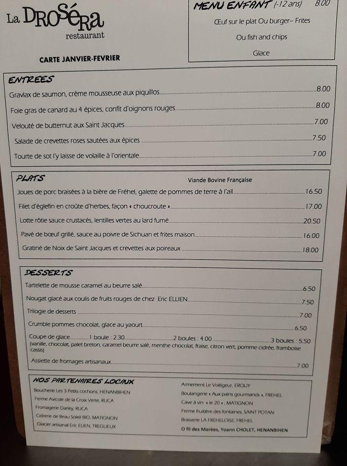 Menu au La Drosera restaurant, Fréhel