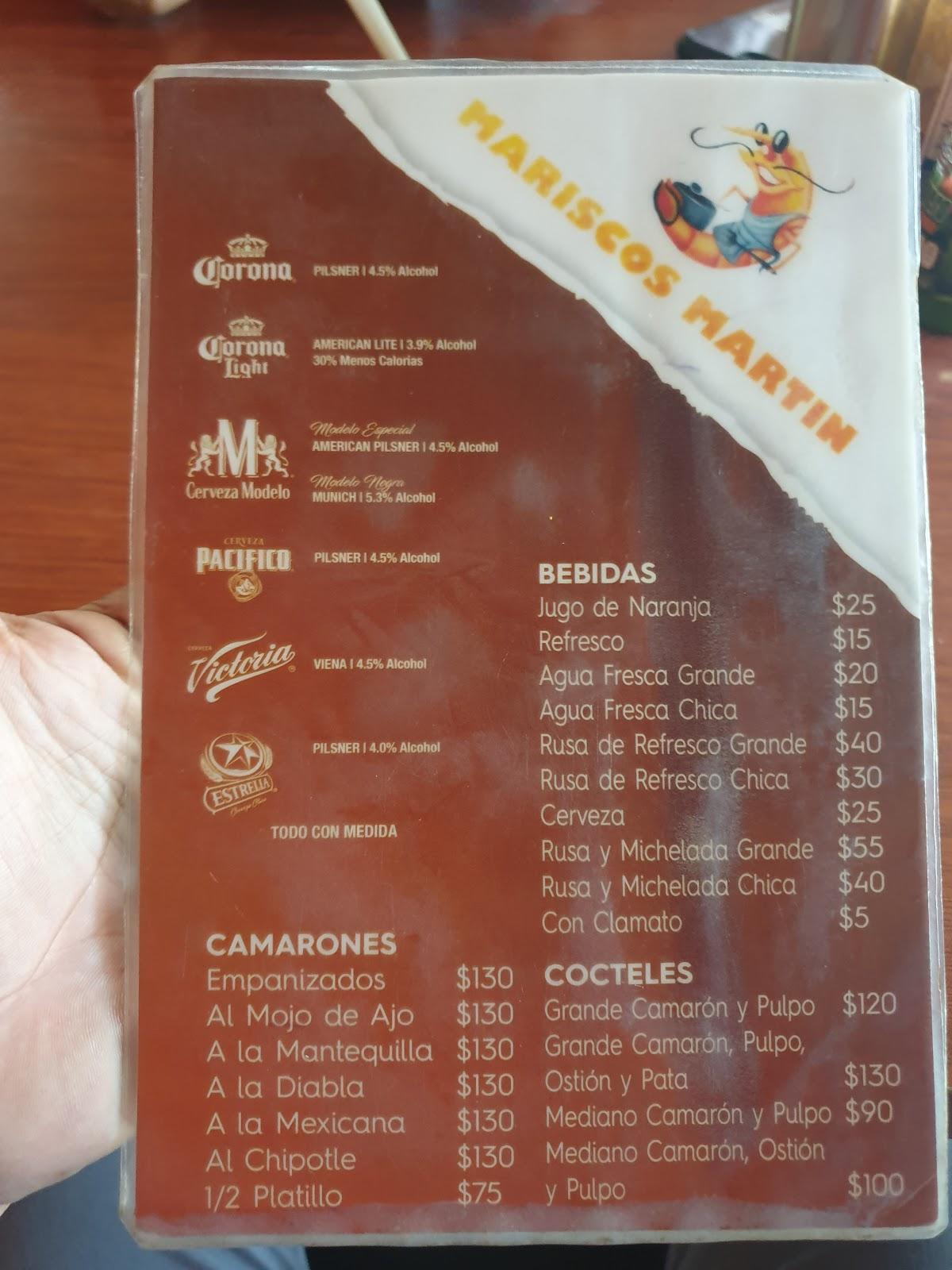 Menu at Mariscos Martín restaurant, La Venta del Astillero, C. Liceo