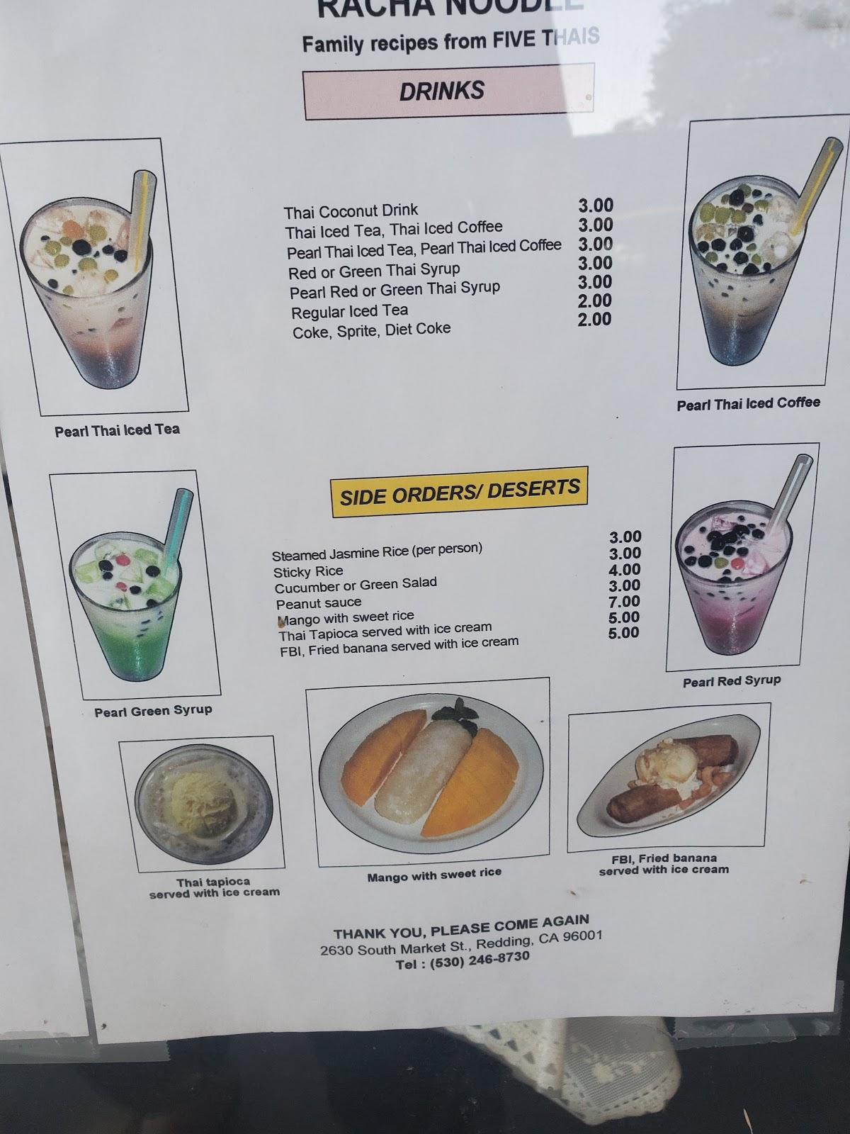 Menu at Racha Noodle restaurant, Redding