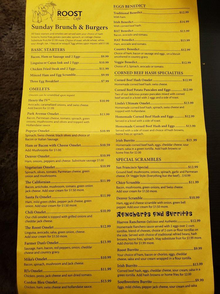 Menu at The Roost Cafe, Chico