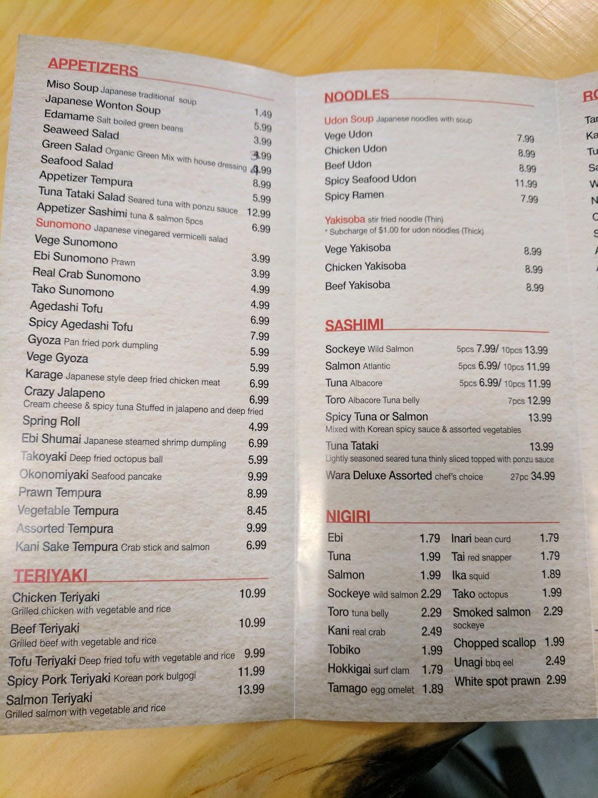 Menu at Sushi Waa restaurant, Nanaimo