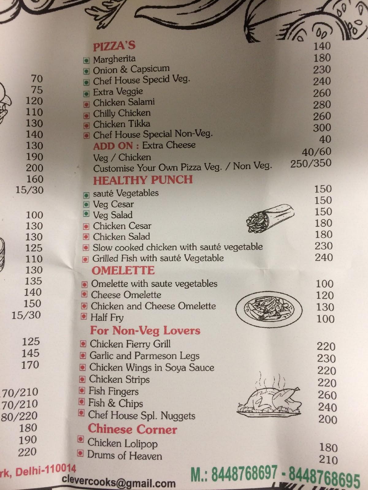Menu at Chef House, New Delhi