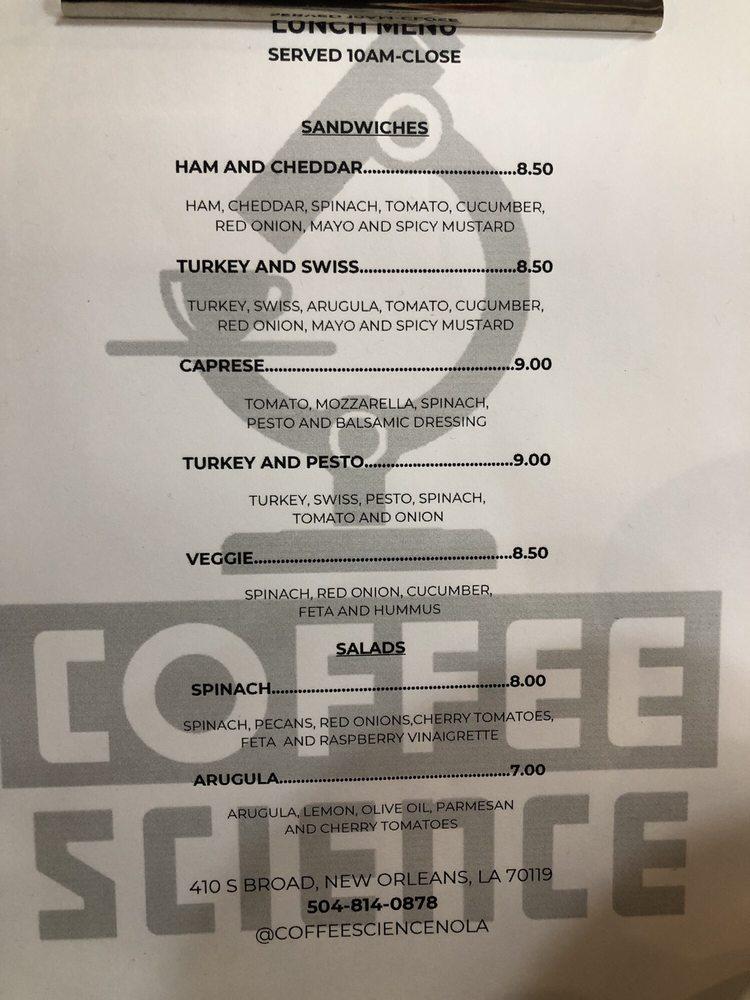 Menu at Coffee Science cafe, New Orleans