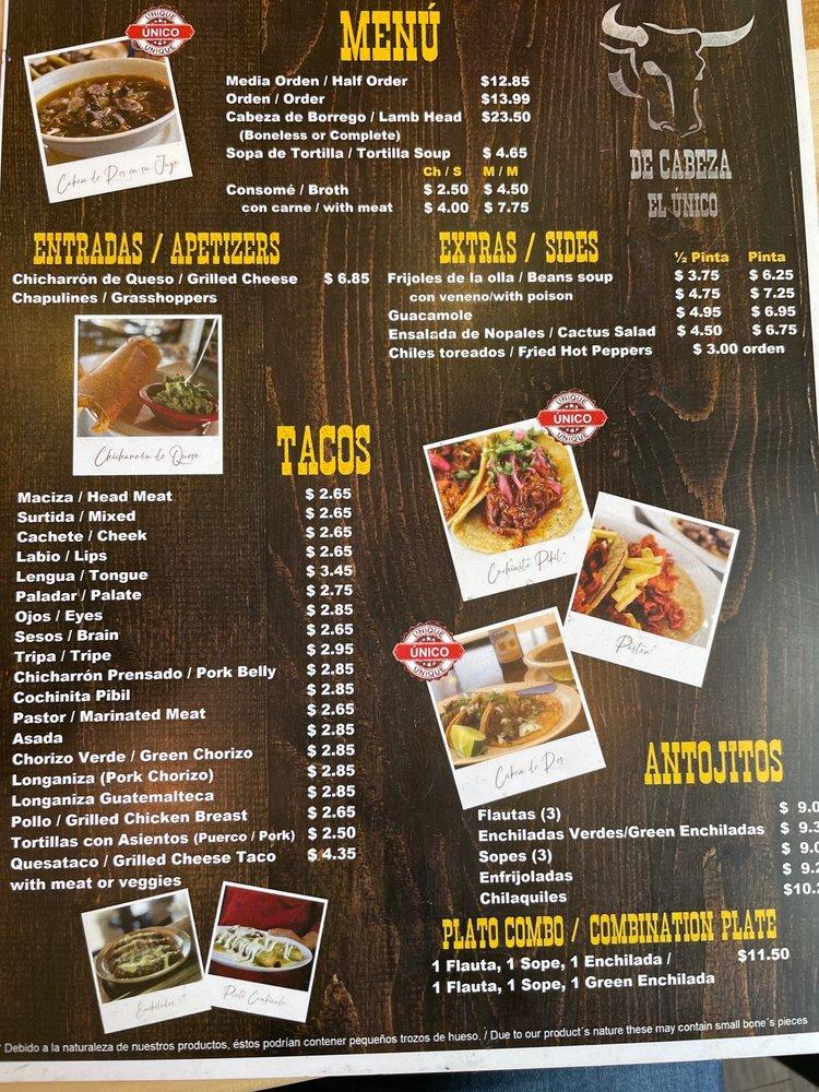 Menu at De Cabeza /El Único restaurant, Chula Vista