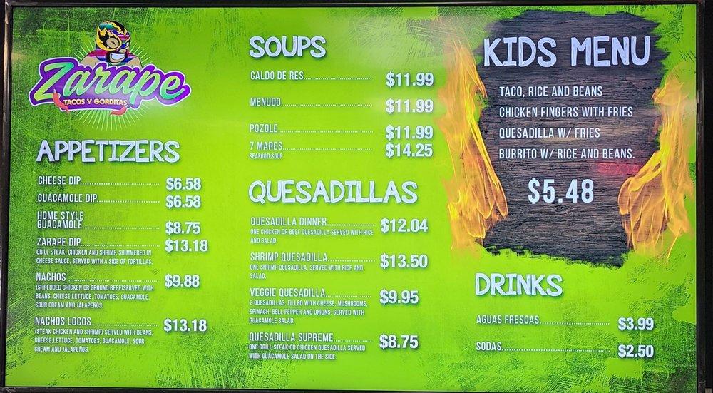 Menu at El Zarape Tacos Y Gorditas restaurant, Lafayette