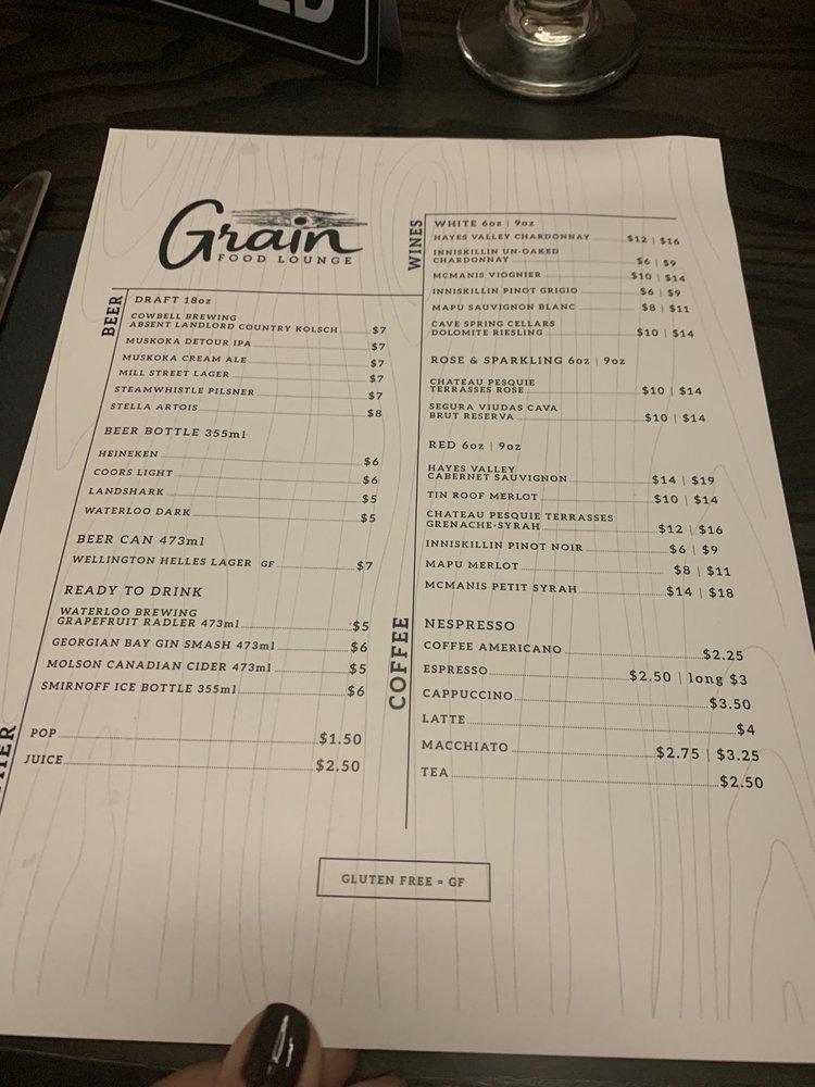 Menu at Grain Food Lounge restaurant, Kitchener