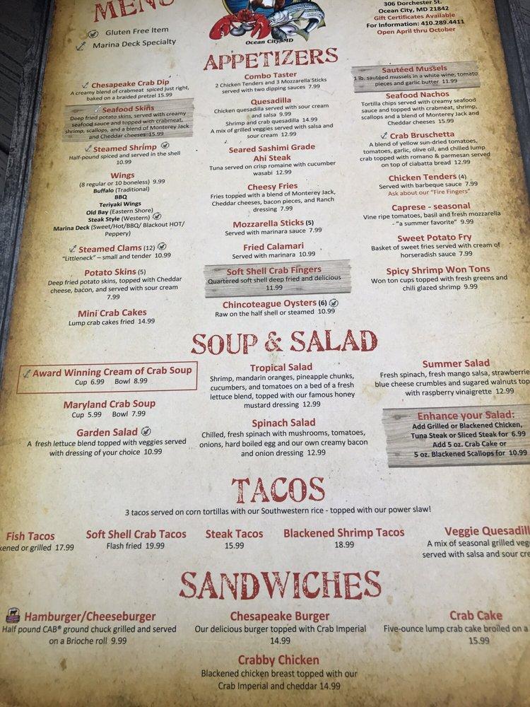 Menu at Marina Deck Restaurant, Ocean City