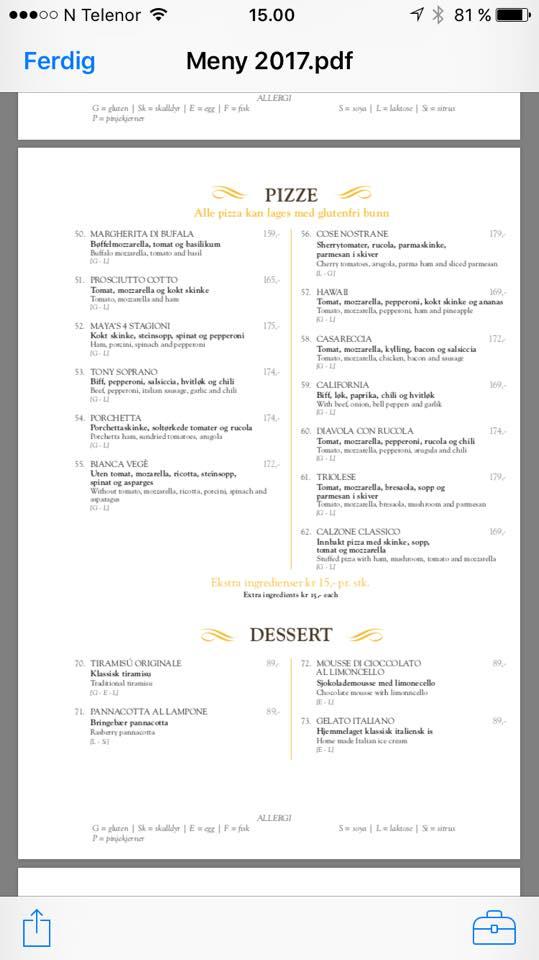 Menu at Maya's restaurant, Fornebu