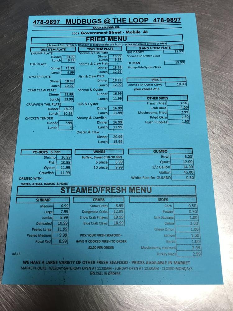 Menu at Mudbug restaurant, Mobile, 408 Dauphin Island Pkwy
