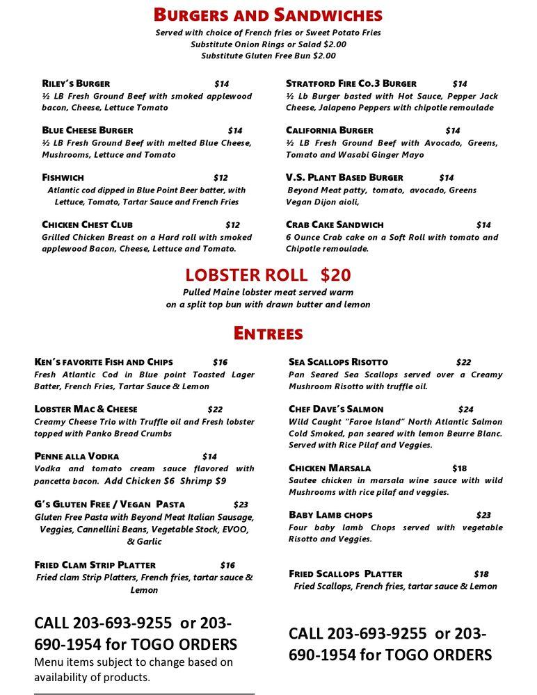 Menu at Riley's by the Sea pub & bar, Stratford