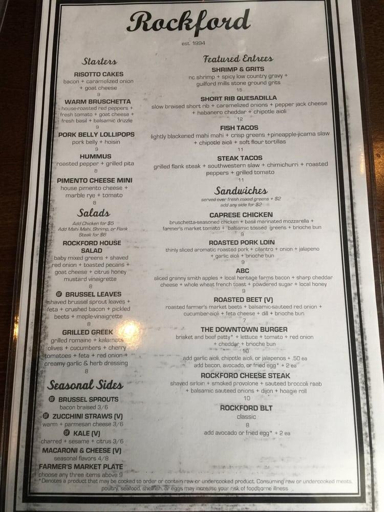 Menu at Rockford restaurant, Raleigh