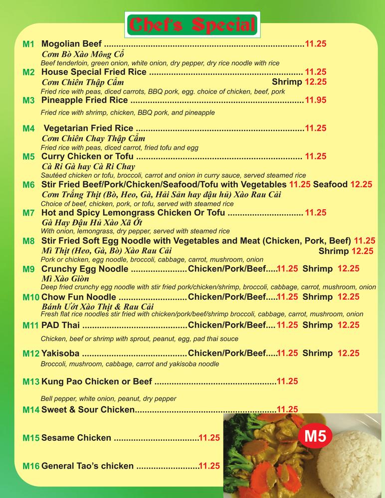 Menu at Sam's Noodle Town restaurant, Carnation