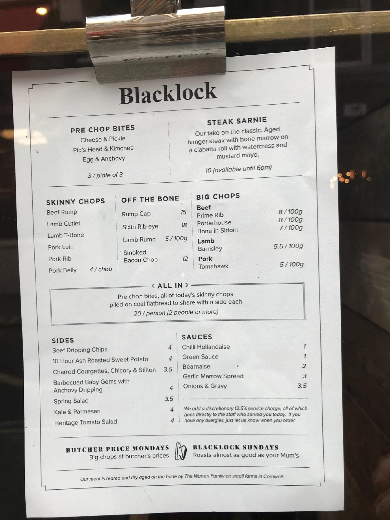 Menu at Blacklock Soho pub & bar, London, 24 Great Windmill St