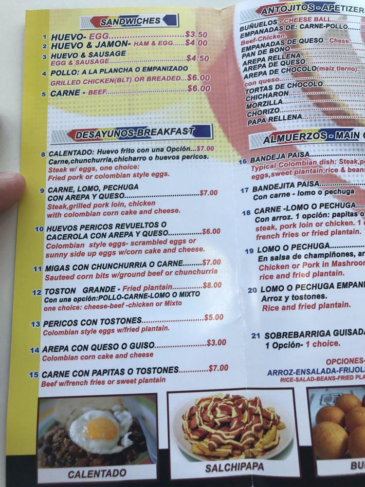 Menu at Cafe Colombia, Woodland Park
