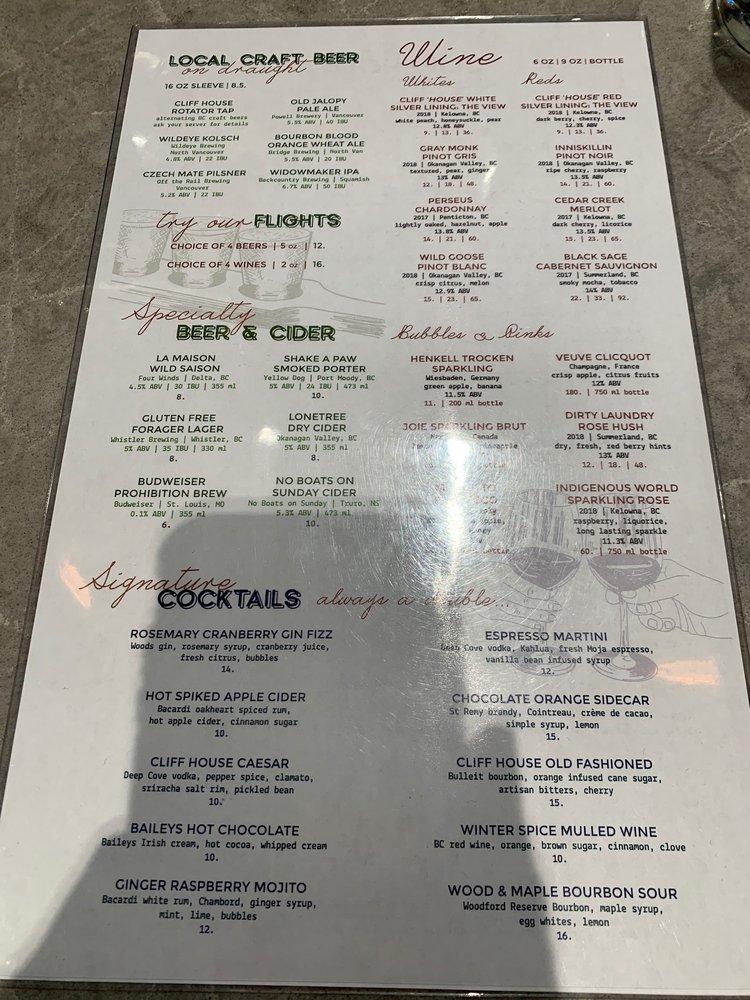 Menu at Cliff House Restaurant & Bar, North Vancouver