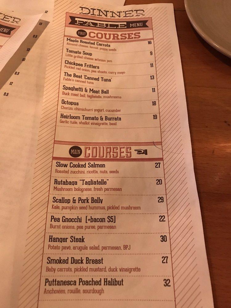 Menu at Fable Kitchen restaurant, Vancouver