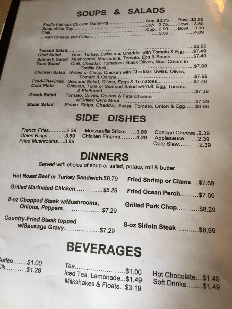 Menu at Fred's Diner restaurant, Akron
