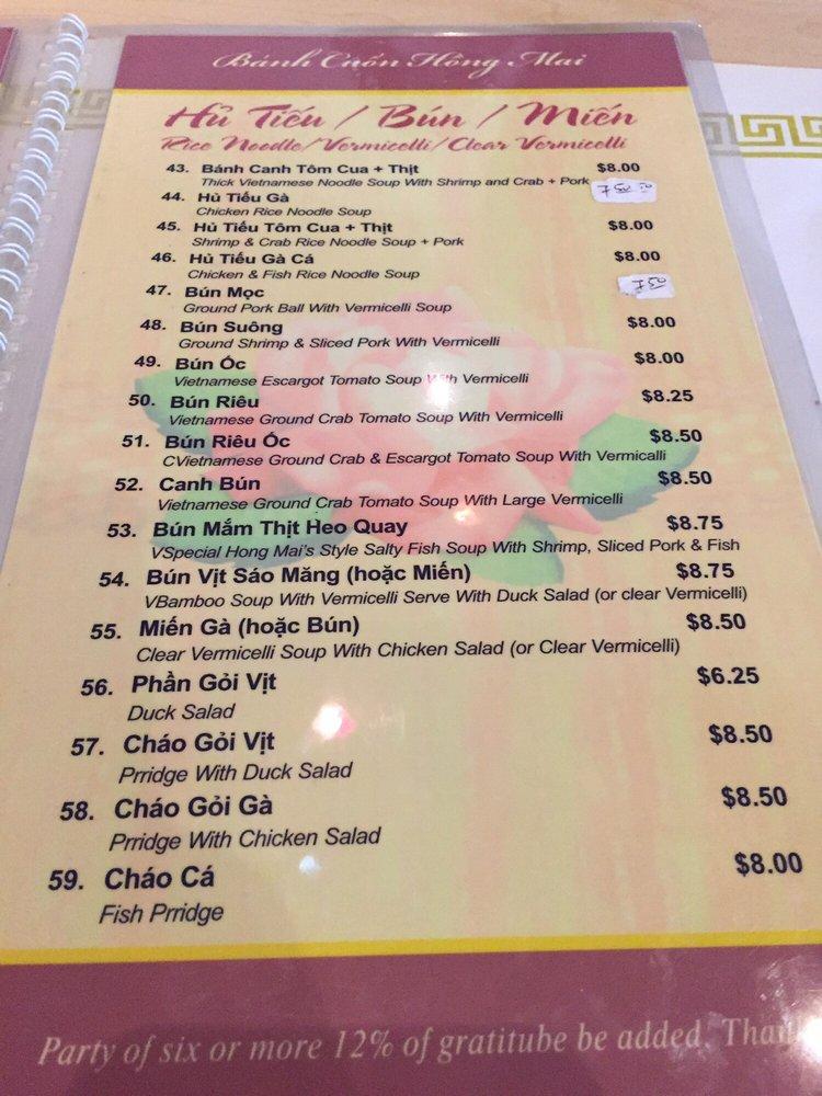 Menu at Hồng Mai Restaurant, Westminster, Bolsa Ave suite 113 & 114