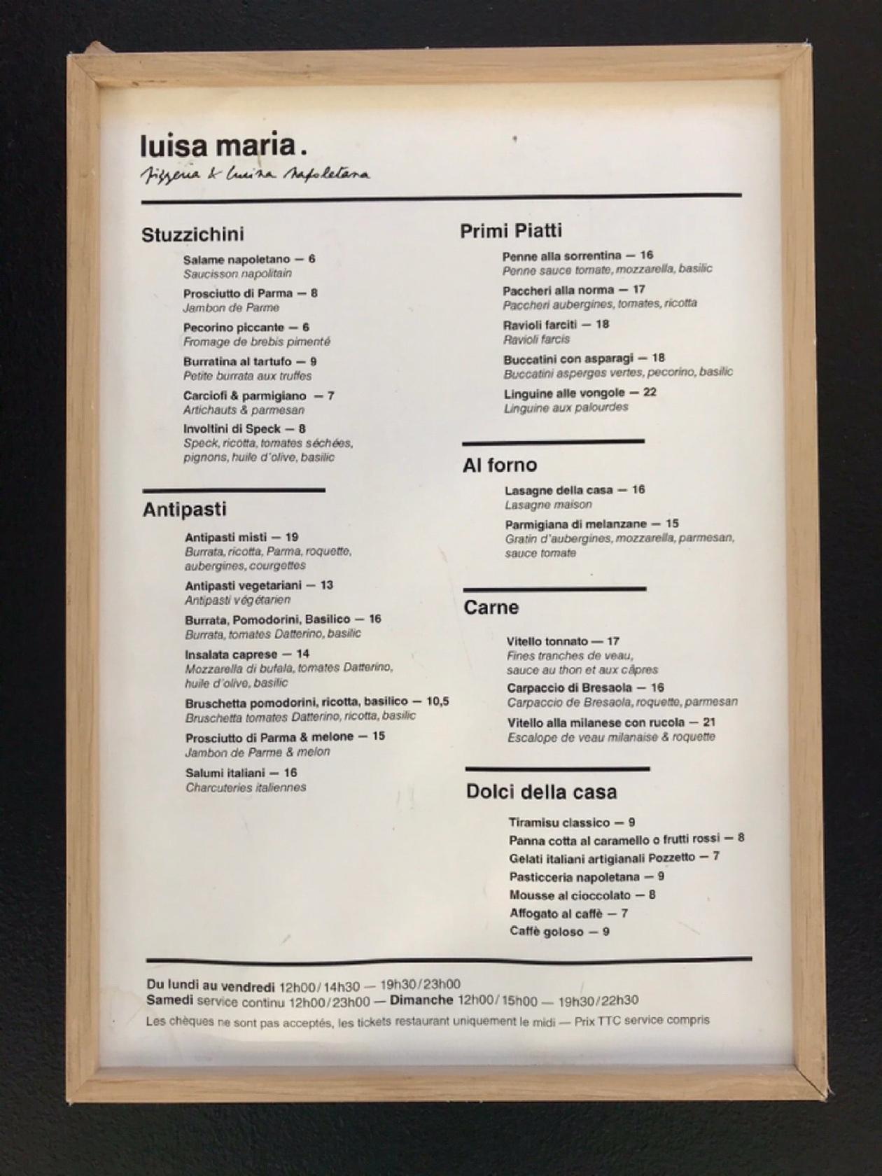 Menu at Luisa Maria pizzeria, Paris