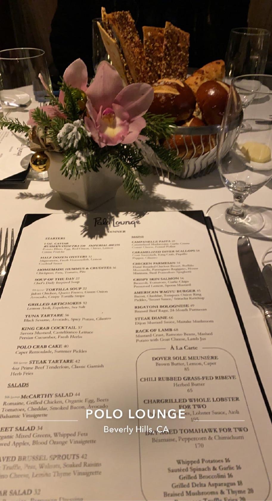 Menu at Polo Lounge restaurant, Beverly Hills