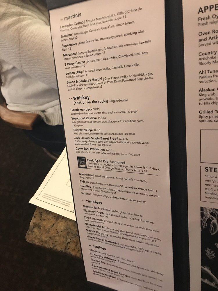 Menu at Simon & Seafort's Saloon & Grill steakhouse, Anchorage