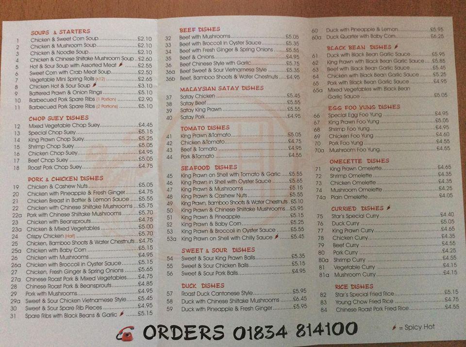 Menu at Star Of Saigon fast food, Kilgetty