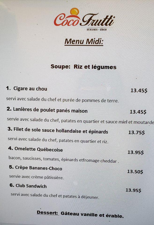 Menu at Coco Frutti Victoriaville pub & bar, Victoriaville