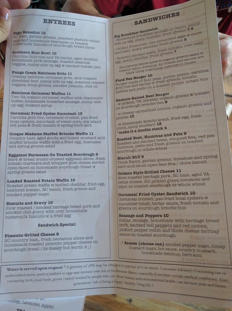 Menu at Commune cafe, Virginia Beach