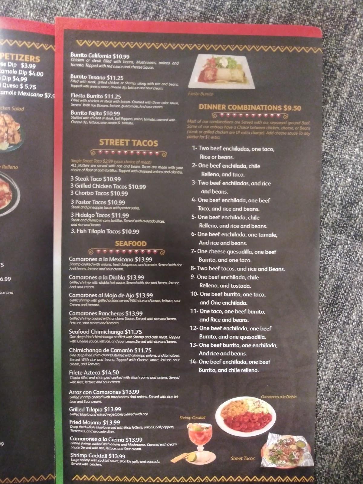 Menu at Huxley Casa Azteca Mexican Restaurant, Huxley