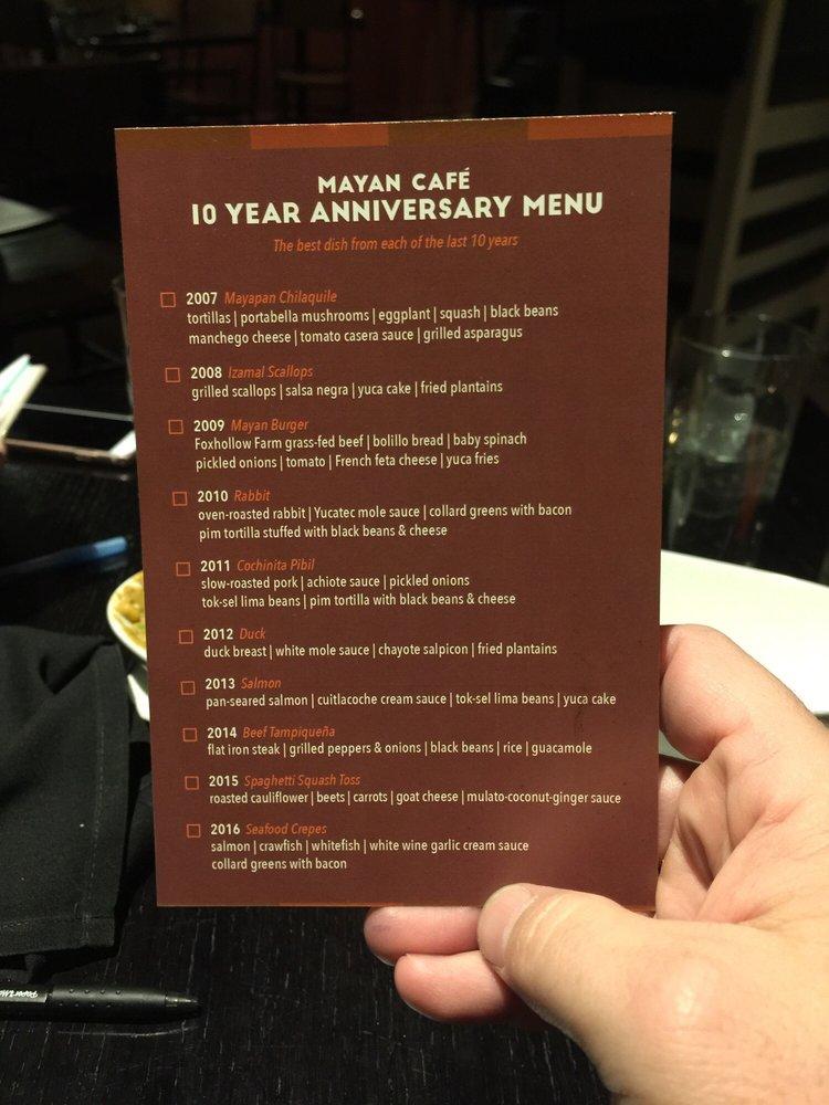 Menu at Mayan Cafe, Louisville