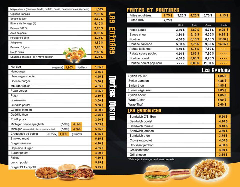 Menu au Restaurant C'Si Bon, Shawinigan