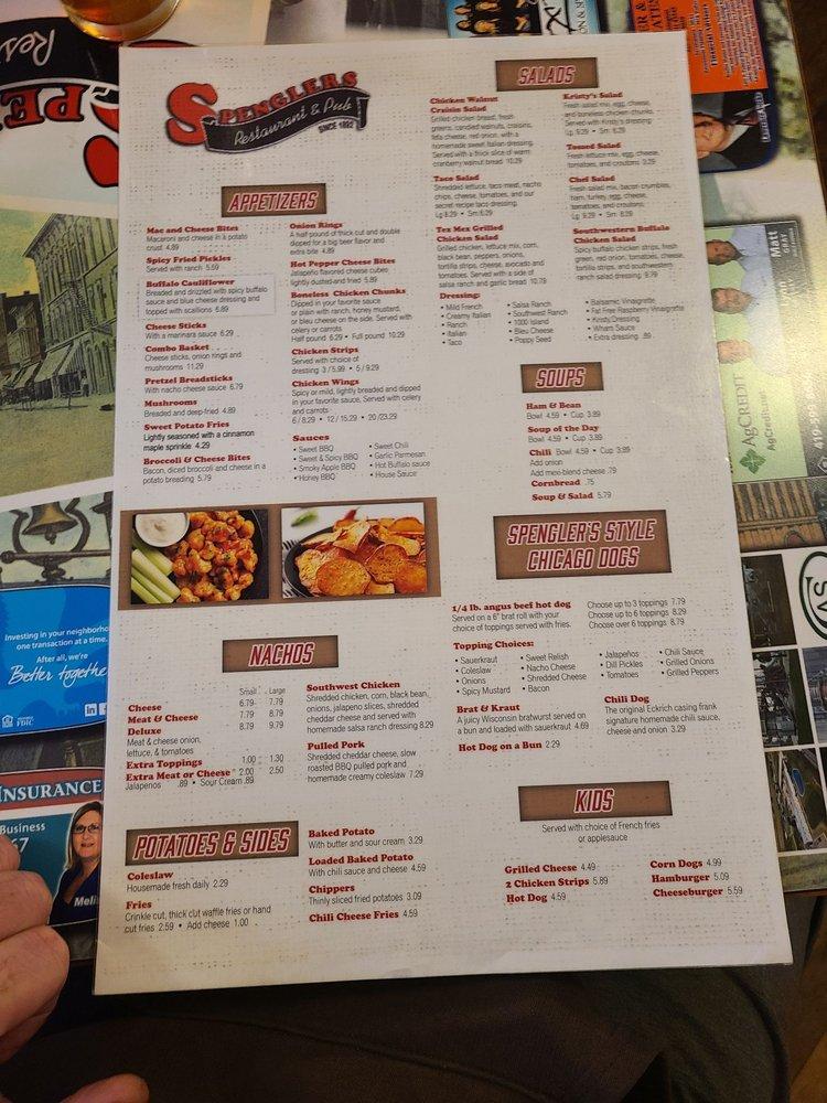 Menu at Spengler's restaurant, Napoleon