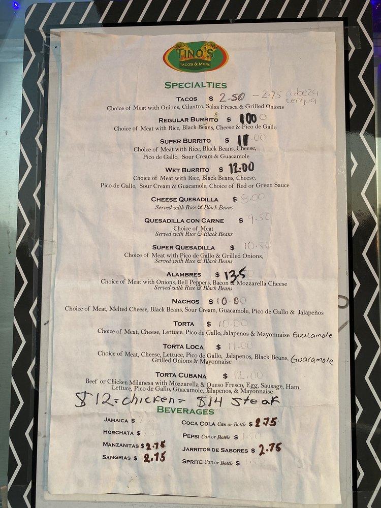 Menu at Tino’s Tacos & More restaurant, Livermore