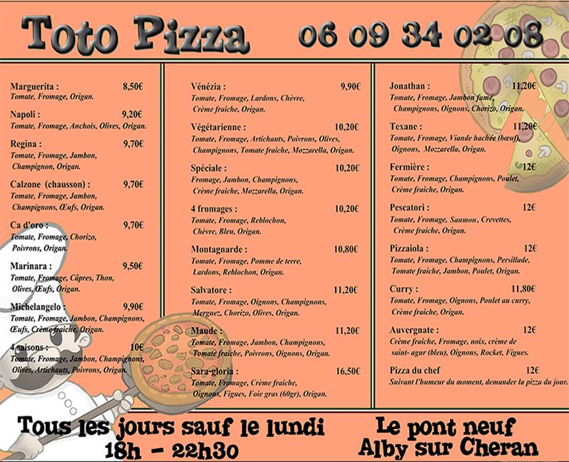 Menu au Toto Pizza pizzeria, Alby-sur-Chéran