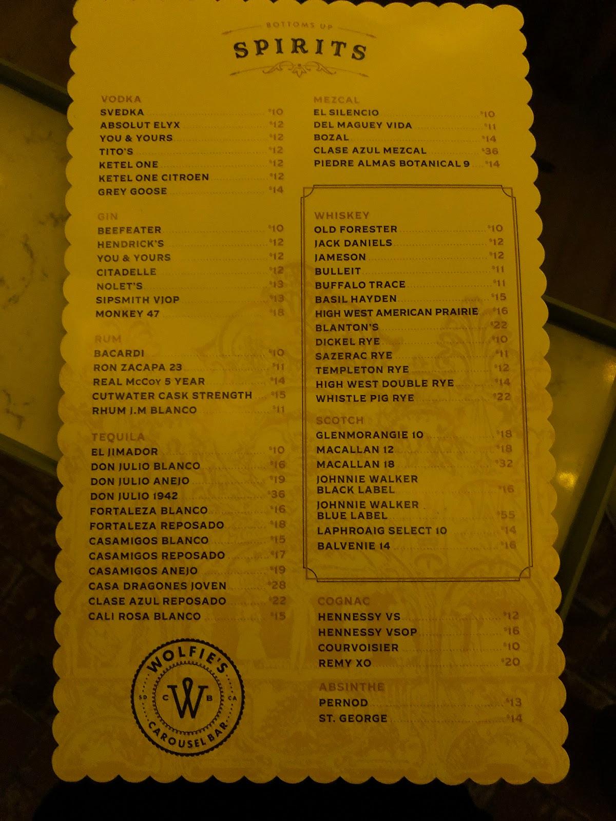 Menu at Wolfie's Carousel Bar, San Diego