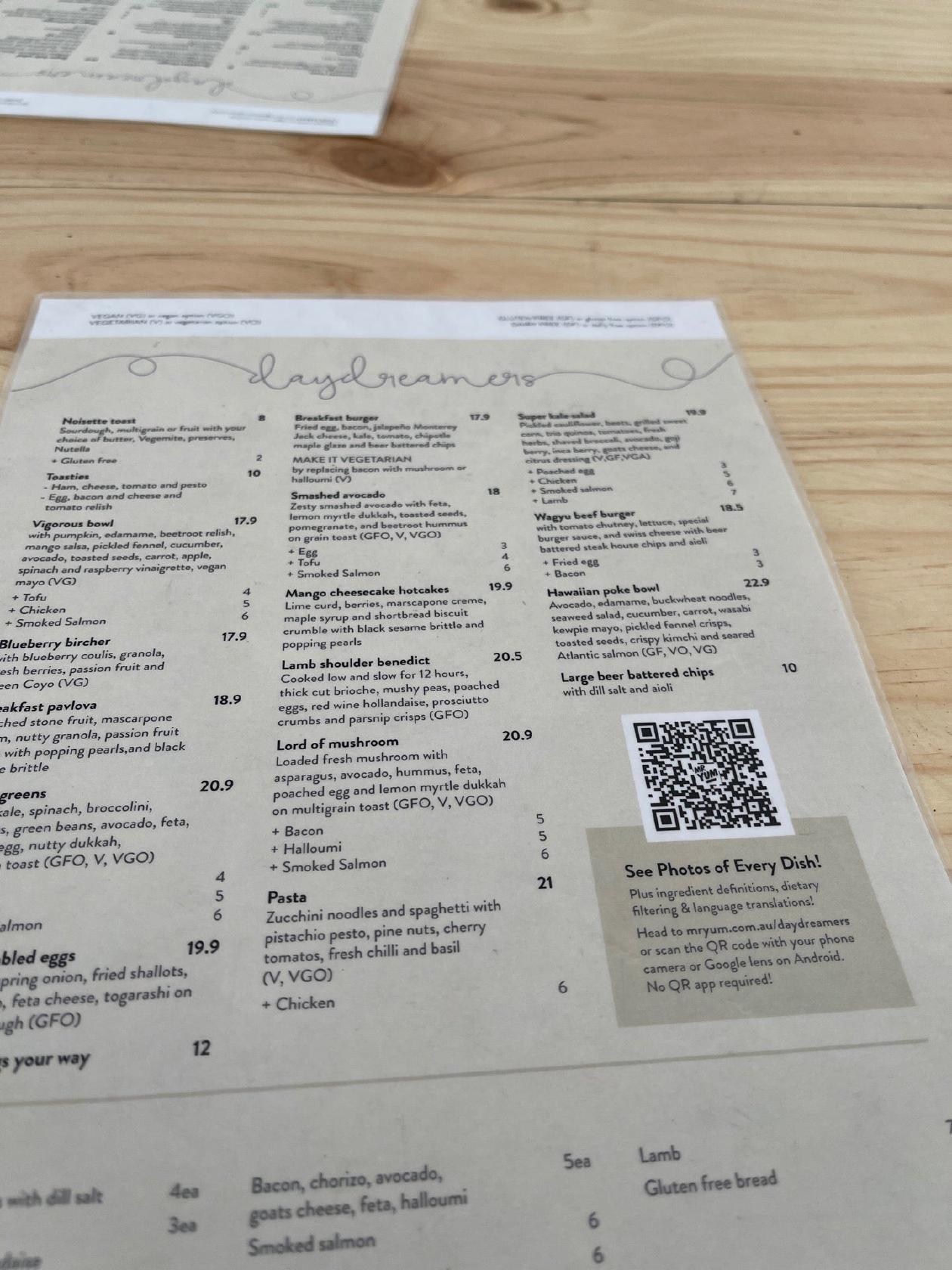 Menu at daydreamers cafe, Beaconsfield