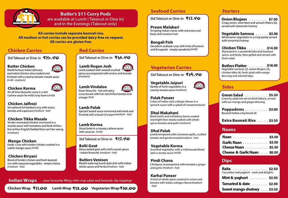 Menu at Bombay Butler Sydenham fast food, Christchurch, 300 Colombo St