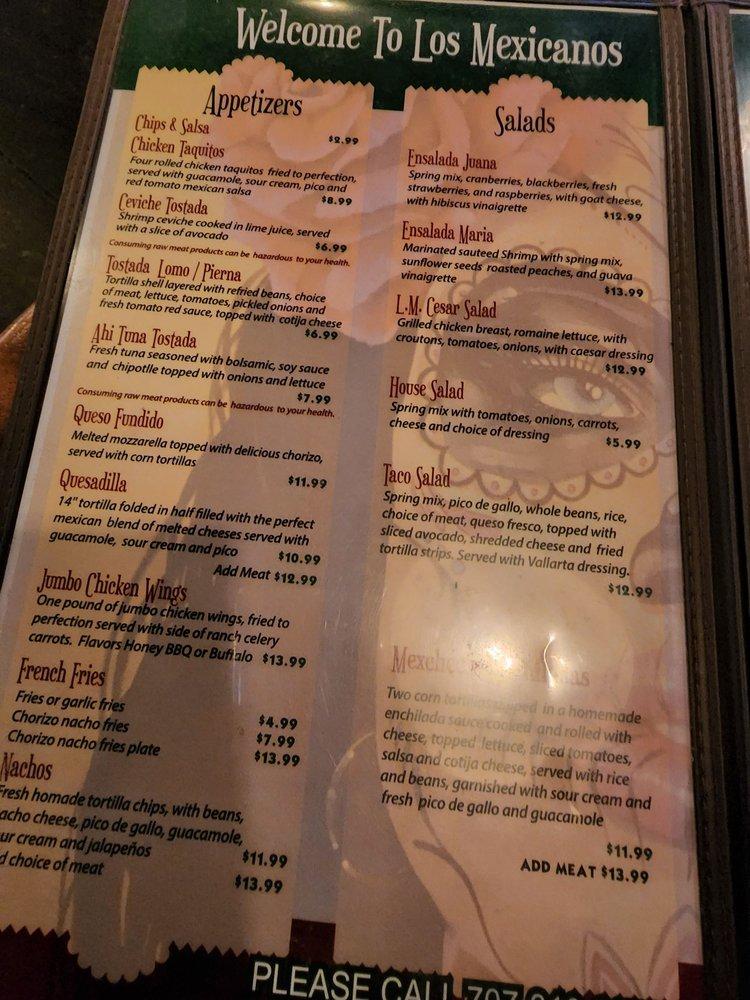Menu at Los Mexicanos restaurant, Round Hill Village