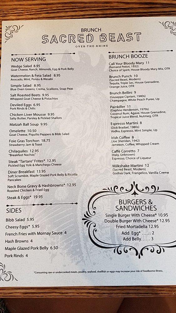 Menu at Sacred Beast Diner OTR pub & bar, Cincinnati