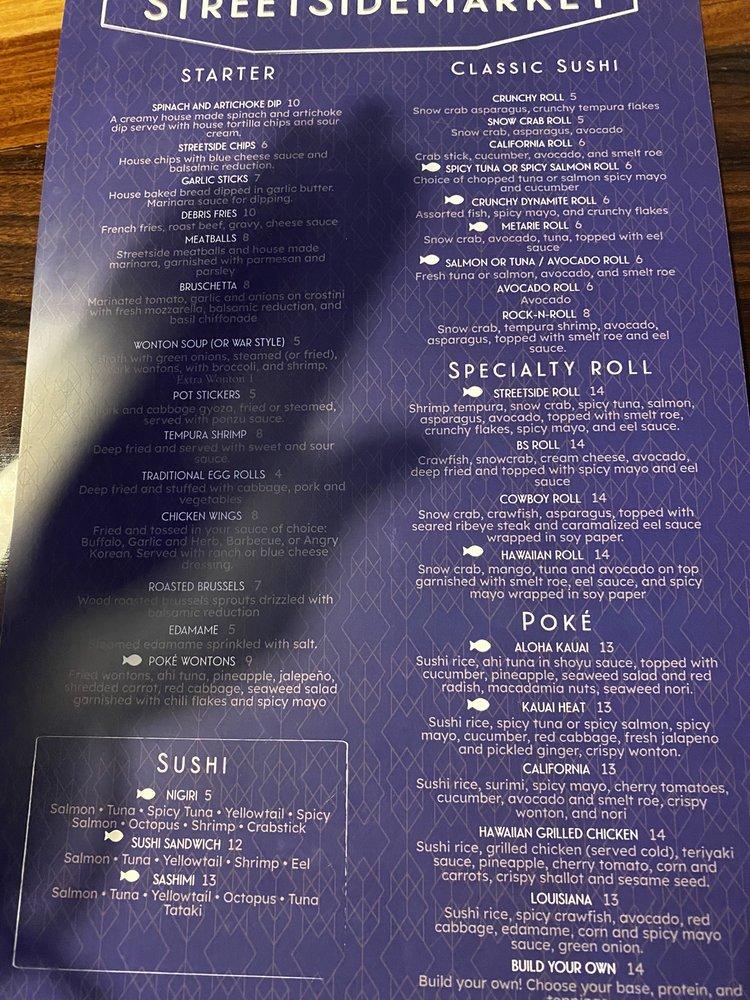 Menu at Streetside Market restaurant, Hammond