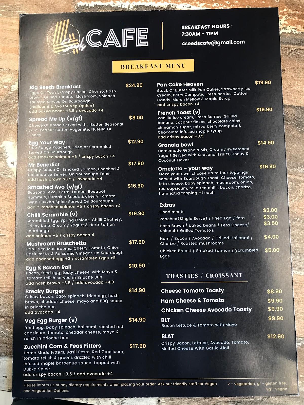Menu at 4 Seeds Cafe, Wollert