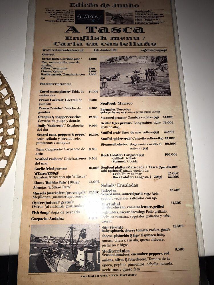 Menu at Tasca Sagres restaurant, Sagres